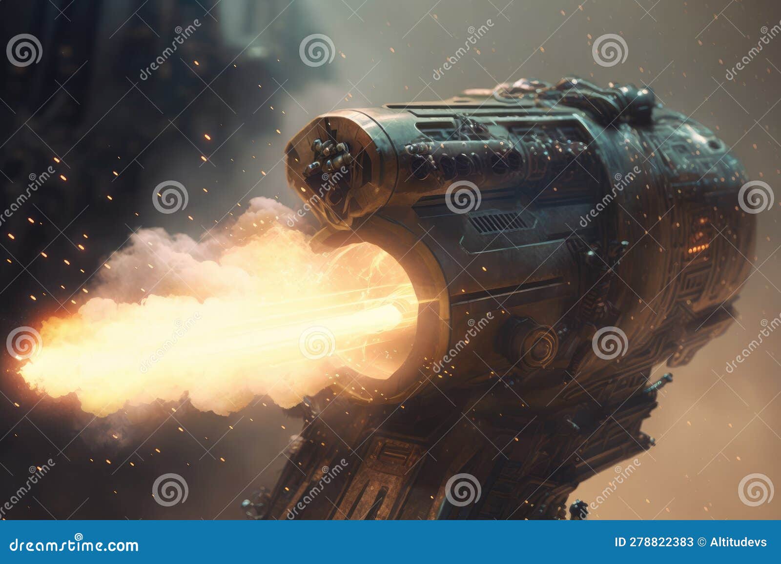 Close-up of Alien Blaster, with Smoke and Sparks Flying from the Muzzle ...