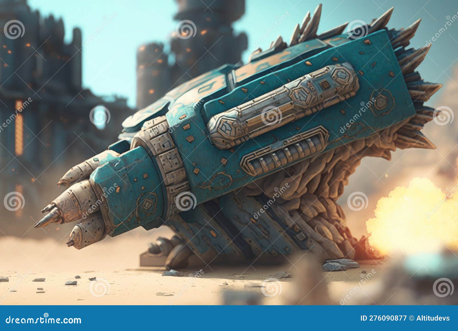Close-up of Alien Blaster, with Smoking Ammunition Shells and Destroyed ...