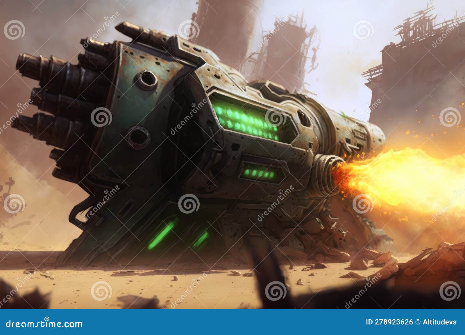 Close-up of Alien Blaster, with Smoking Ammunition Shells and Destroyed ...