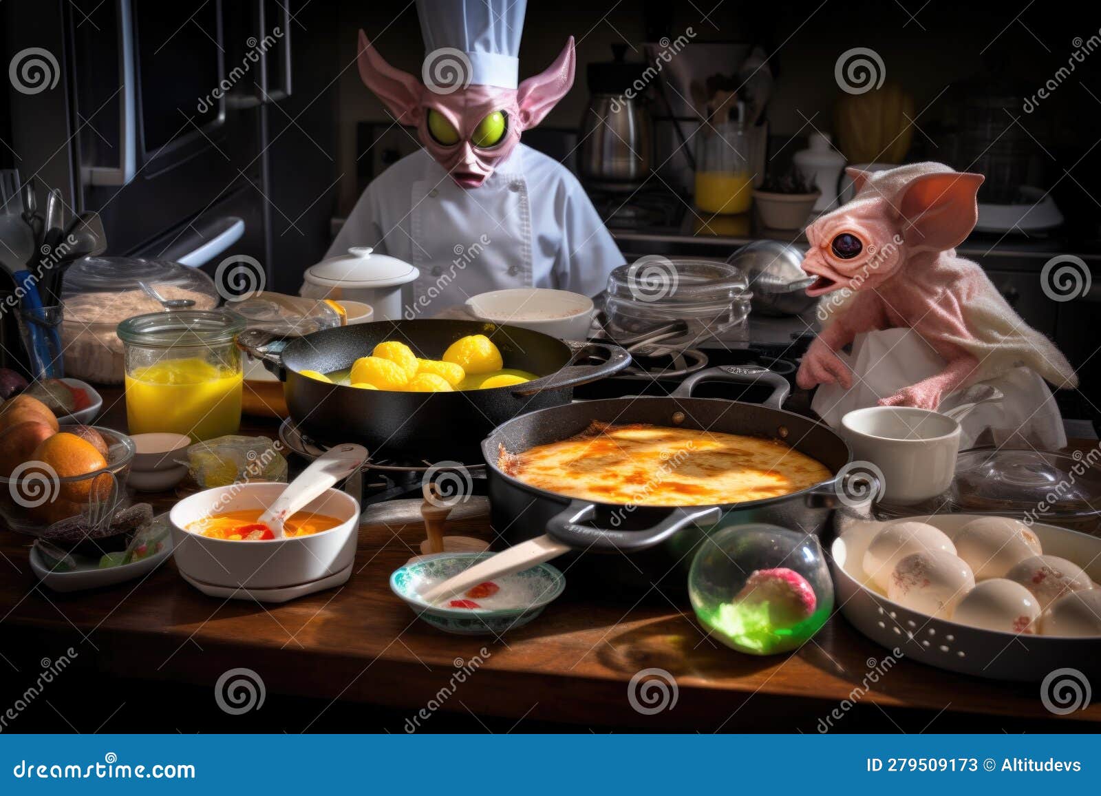 Close-up of Alien Chef Preparing Breakfast Feast, Including Pancakes ...