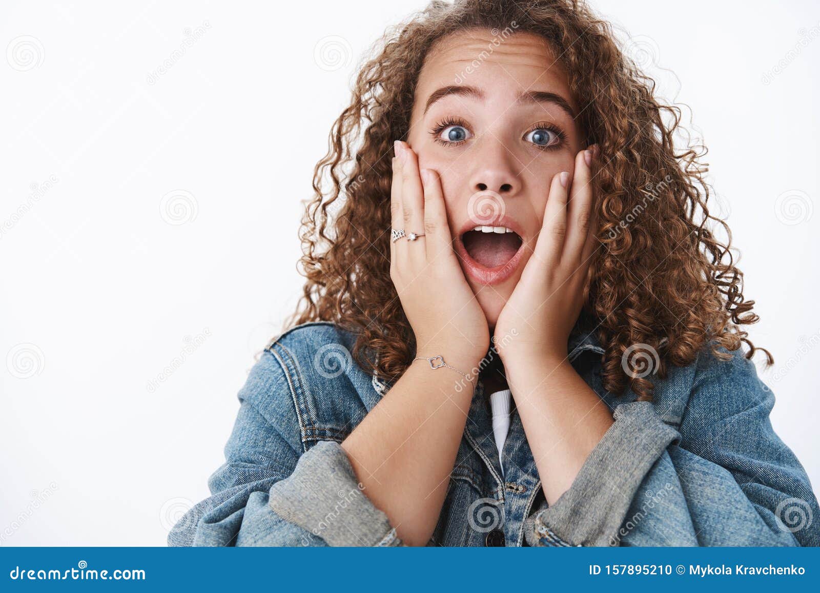 Close Up Amused Charismatic Cute Curly Haired Chubby Woman Open Mouth