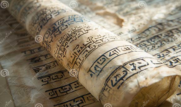 Close-up of an Ancient Scroll with Flowing Script and Symbols Written ...