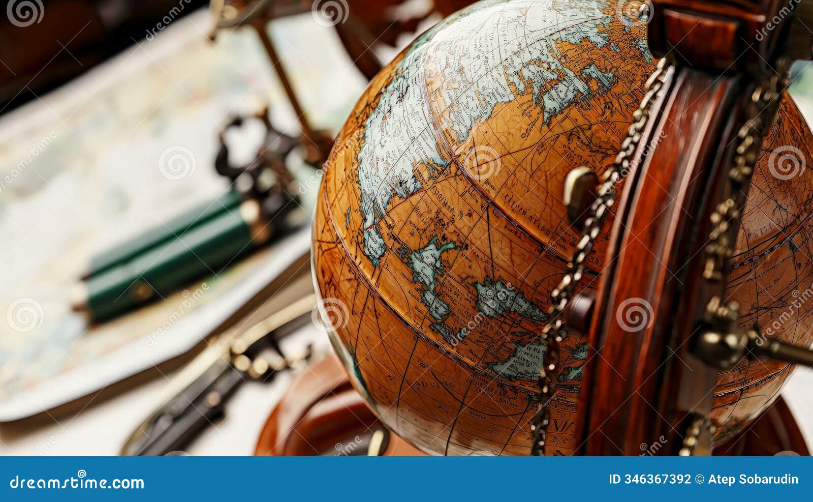 Close-up of Antique Globe, Map, Compass, and Sextant Stock Photo ...
