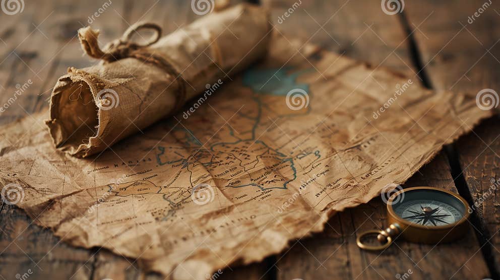A Close-up of an Antique Map with a Compass and a Rolled Map Stock ...