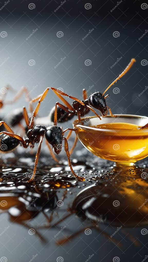 Close-up of Ants Interacting with Liquid on Shiny Surface, Focused on ...