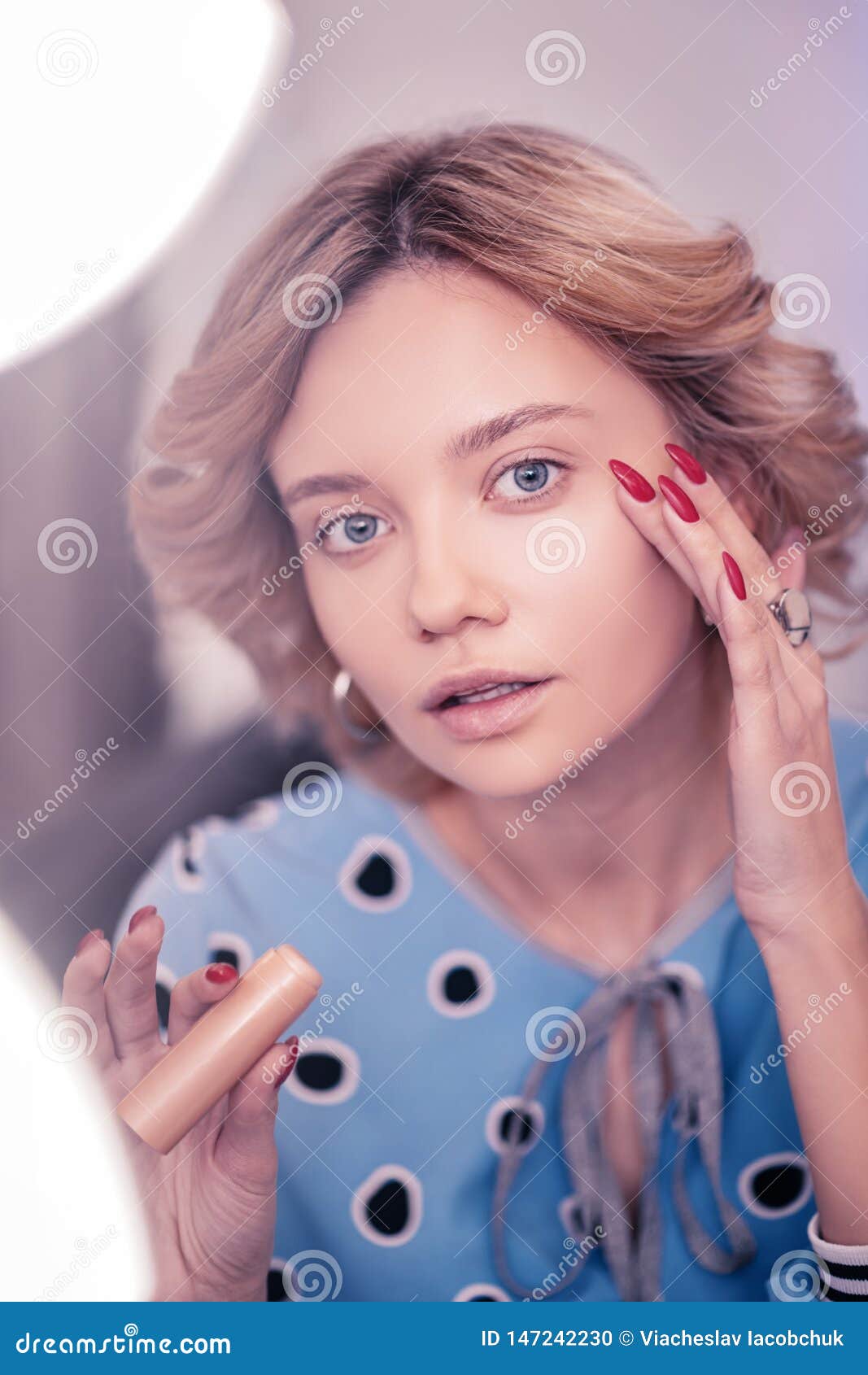 Close Up of Appealing Woman Using Face Concealer Doing Makeup Stock ...