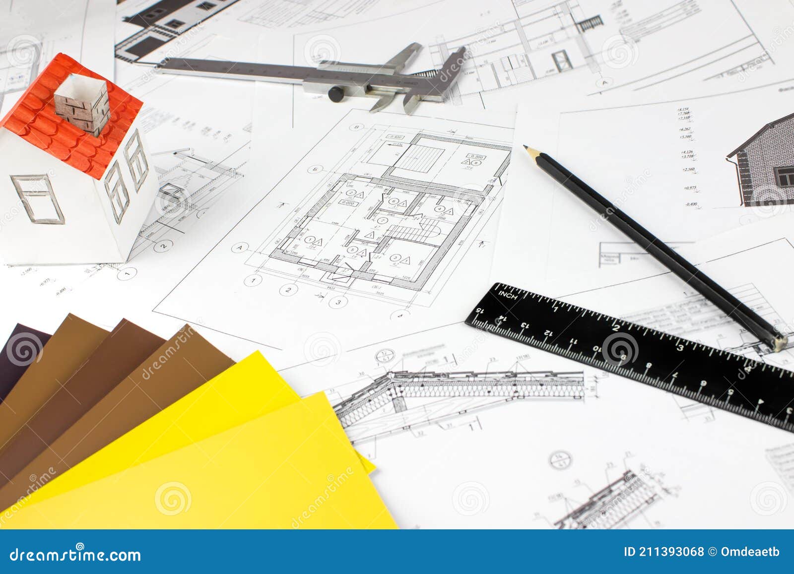 Close-up of Architect Engineer Drawing Plan with Architect Equipment ...