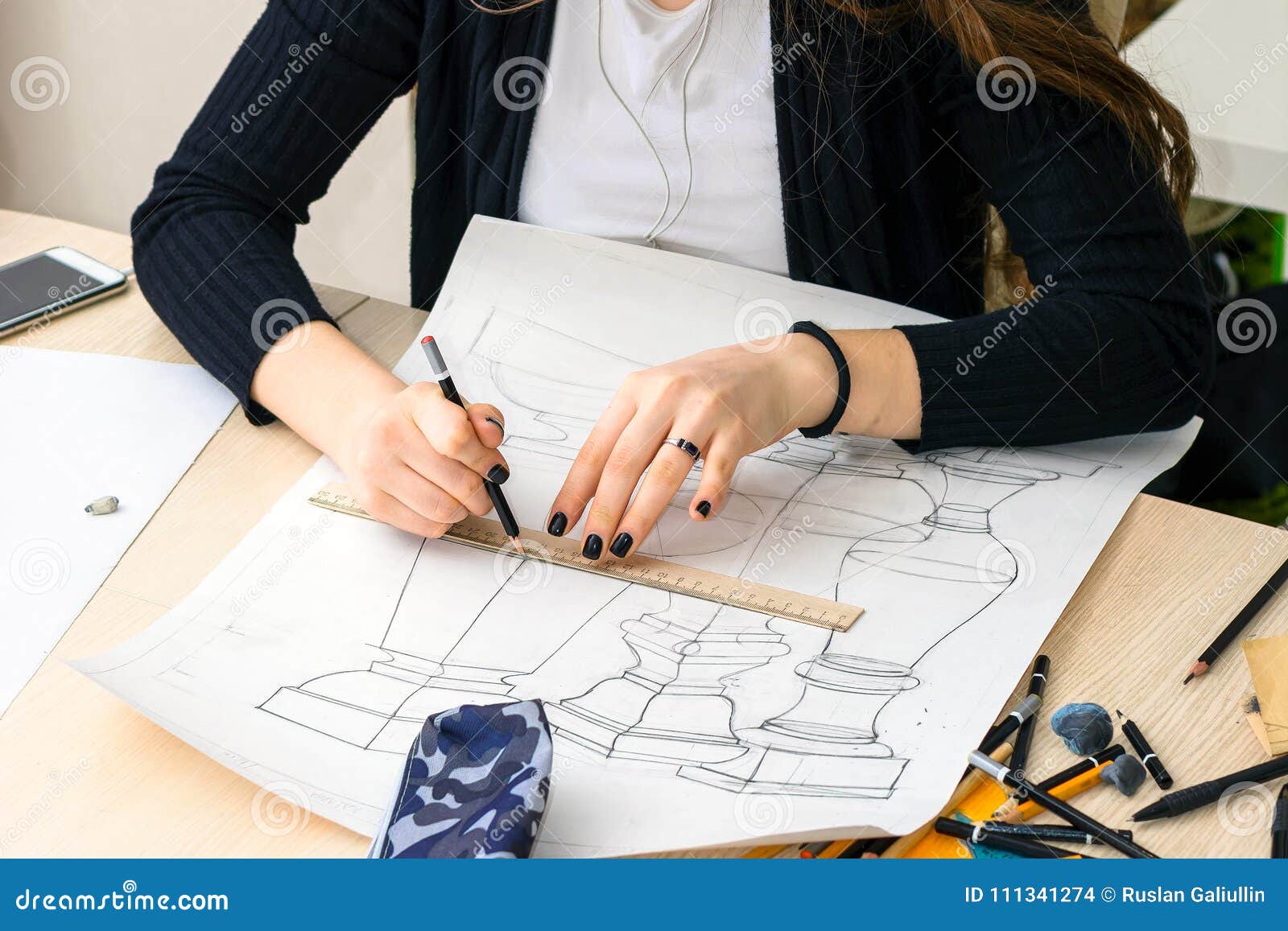 Close Up Architect Hand Drawing Sketches, Blueprints. Architectural ...