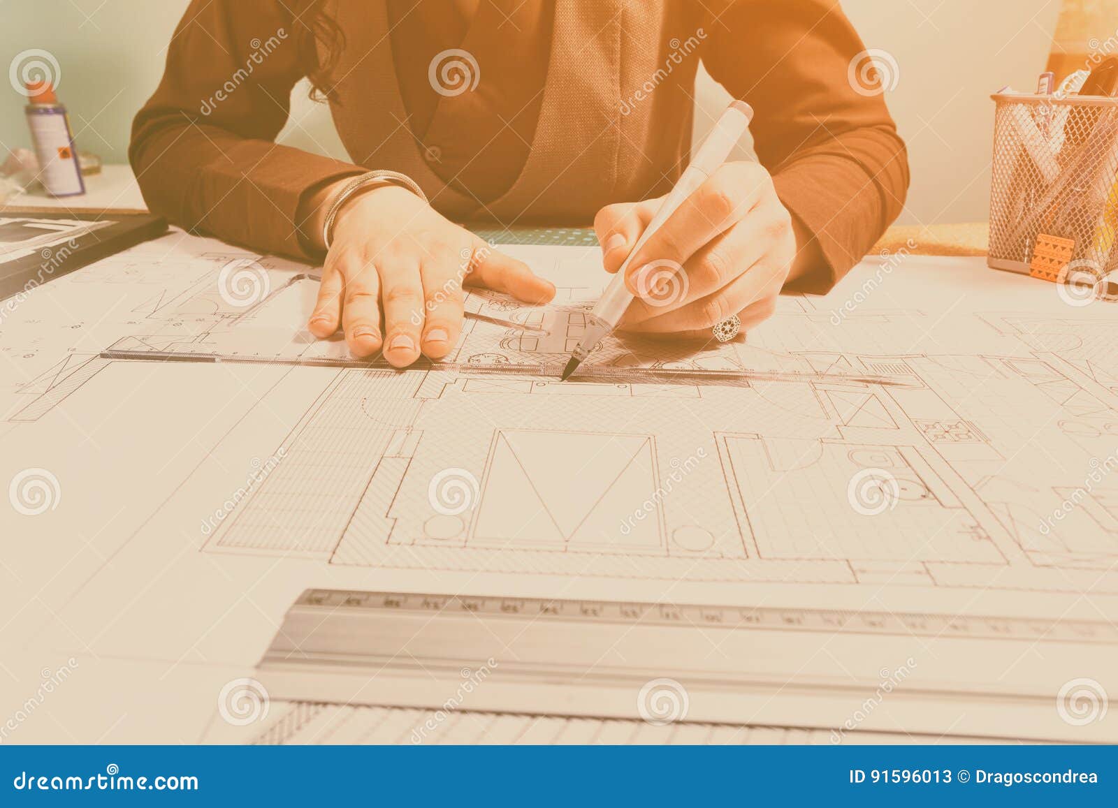 Close Up of Architect Hands Working on Blueprints Stock Image - Image ...