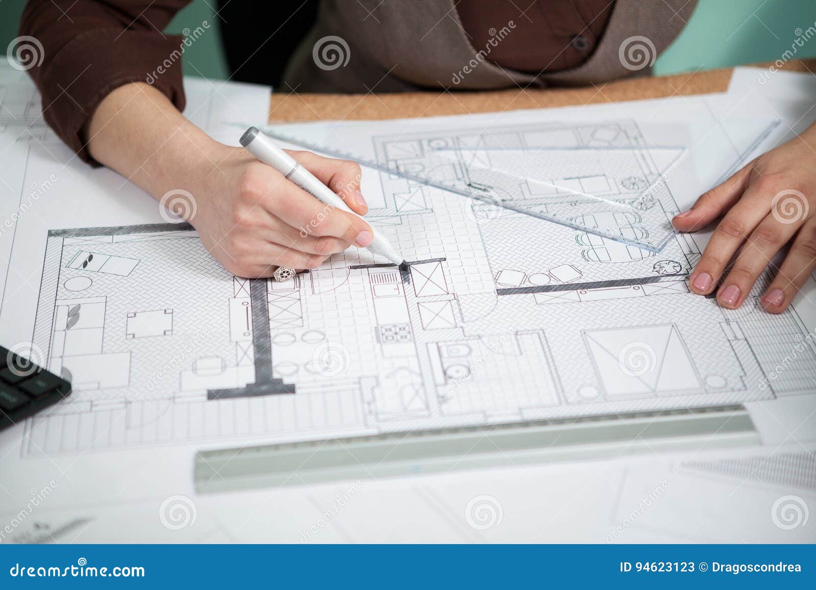 Close Up of Architect Hands Working on Blueprints Stock Image - Image ...
