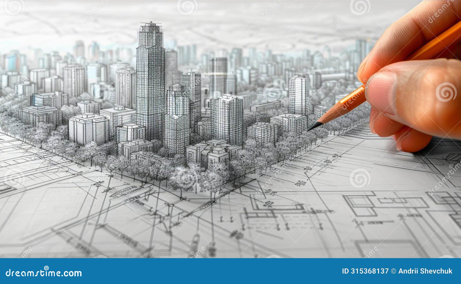 Architect Hand Drawing Urban Cityscape with Pencil Over Blueprints ... Architect Hand Drawing Urban Cityscape with Pencil Over Blueprints ...