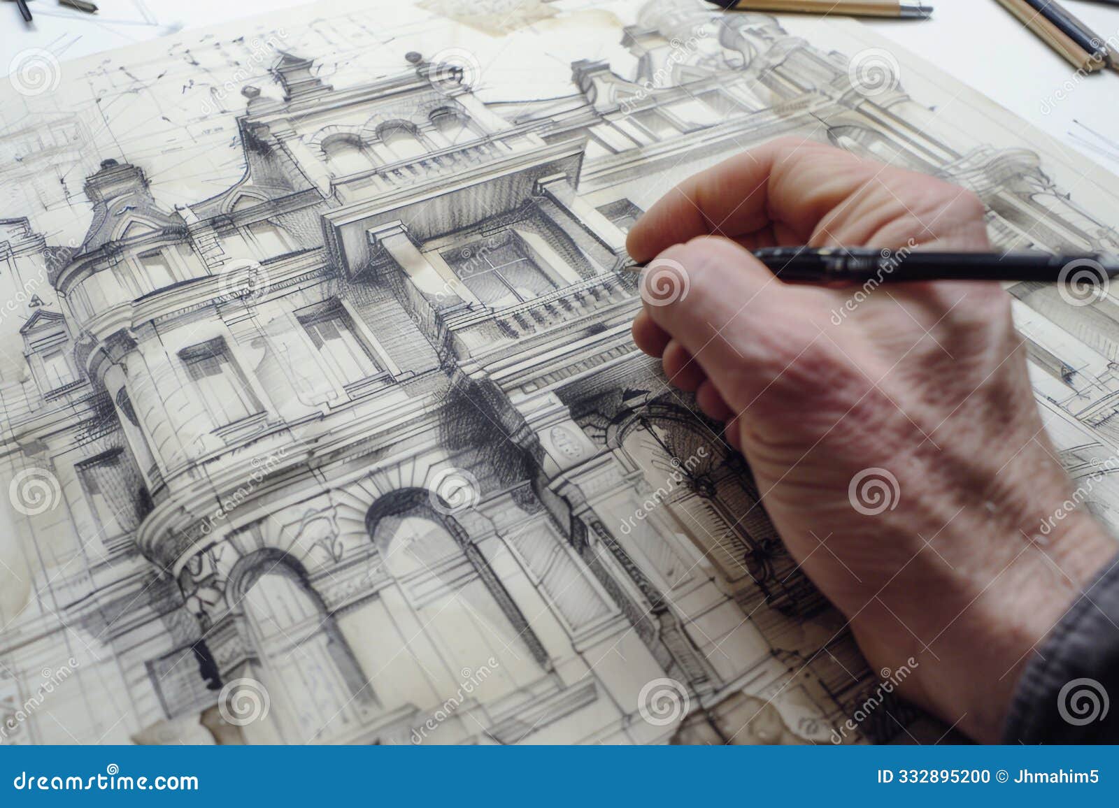 Closeup of an Architects Hand Drawing a Detailed Building Facade on ...