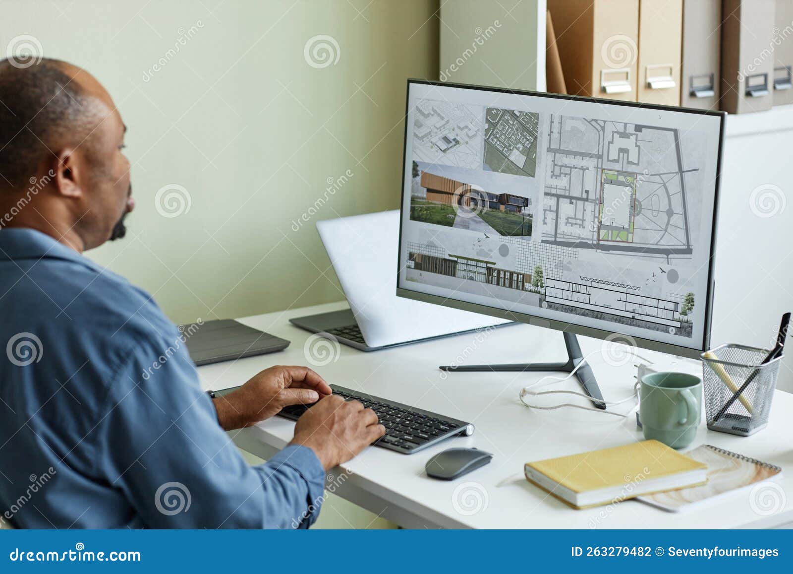 Close Up of Architect Using Computer with 3D Blueprints Stock Photo ...