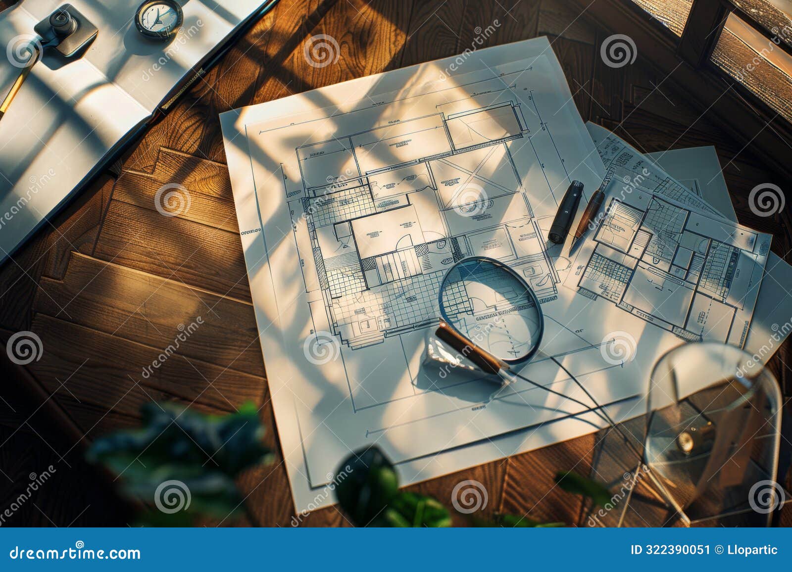 Close-up of Architectural Blueprints and Drafting Tools on a Work Desk ...