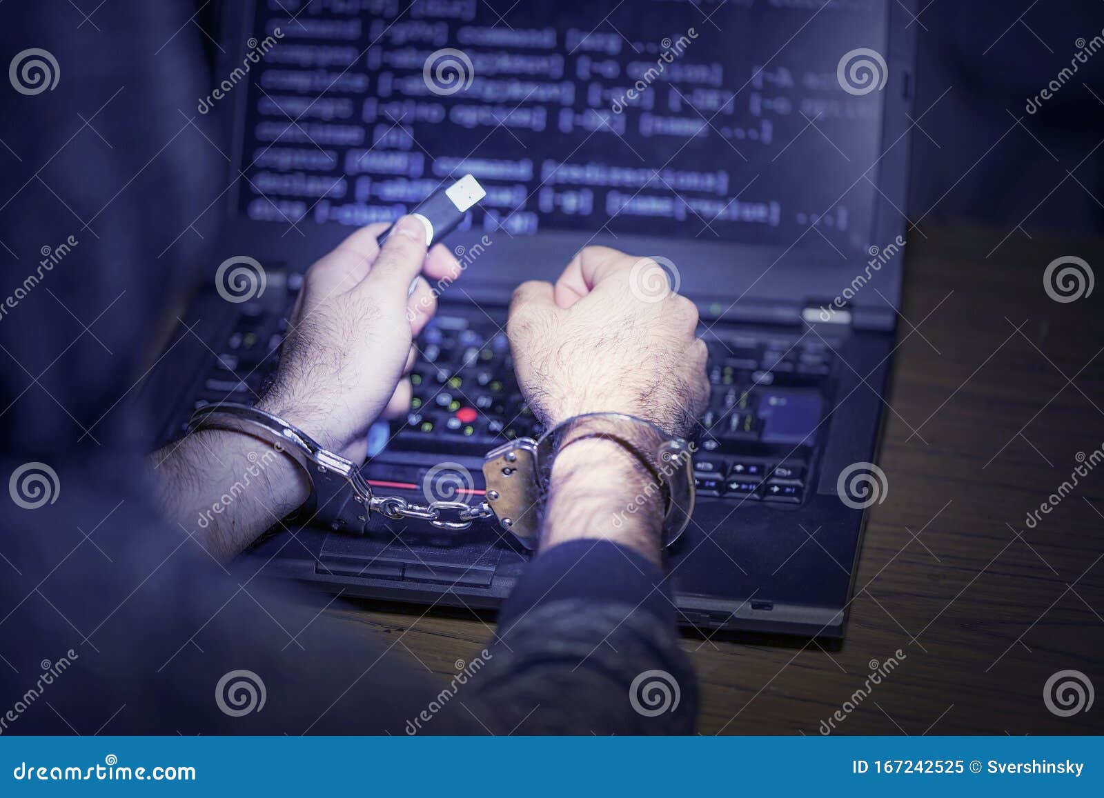 Criminal Hacker Hands Locked in Handcuffs. Close-up View Stock Image ...