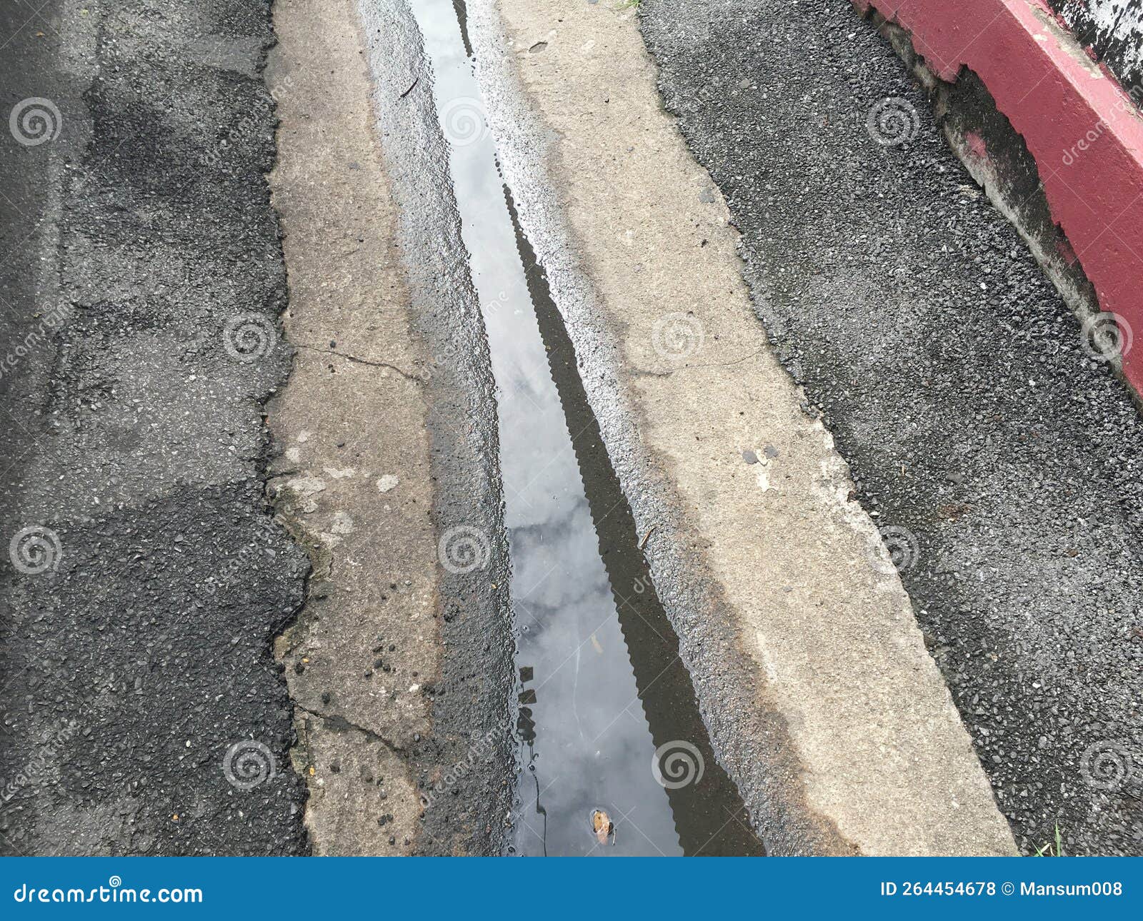 Asphalt road with a puddle stock photo. Image of crack - 264454678