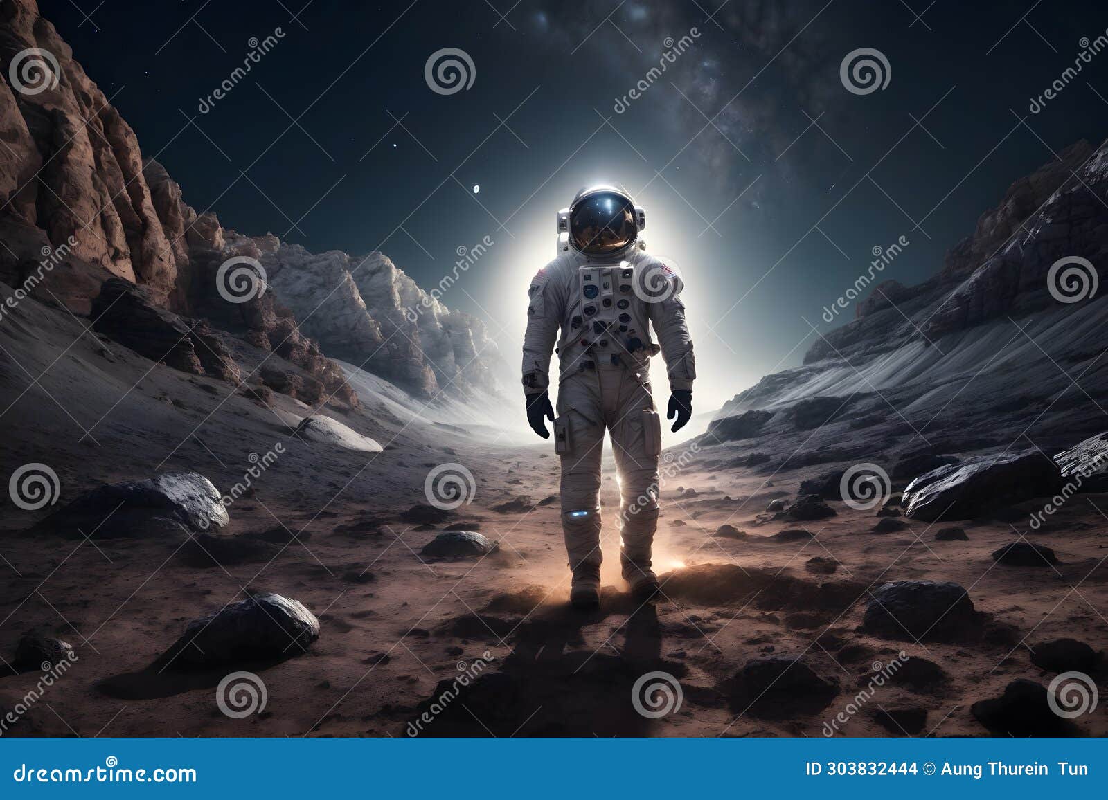 An Astronaut Walking on a Planet with an Background Stock Illustration ...