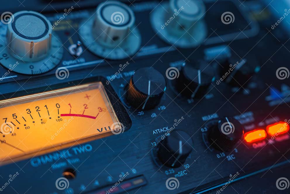 Close Up of Audio Mixing Console with Illuminated VU Meter Stock Image ...