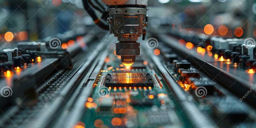 Close-up of an Automated Robotic Arm Assembling Microchips on a Circuit ...