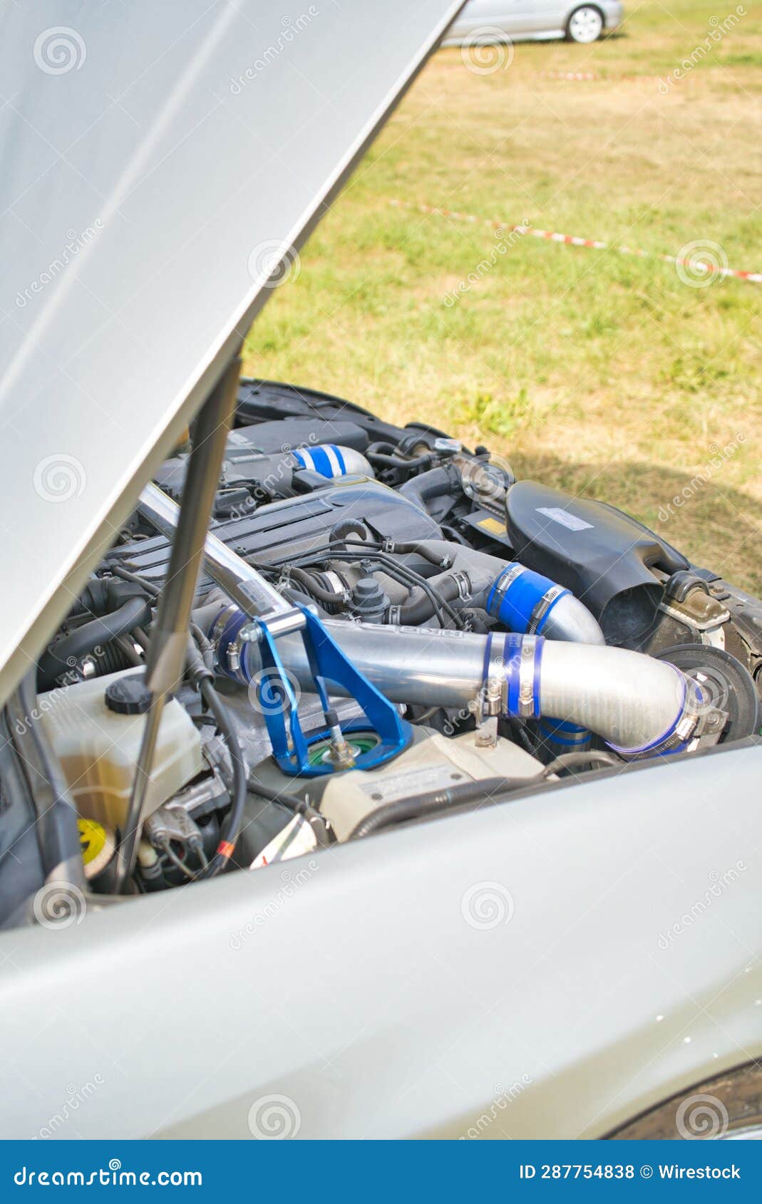 Close-up of an Automobile Engine Compartment, with Blue Hoses and ...