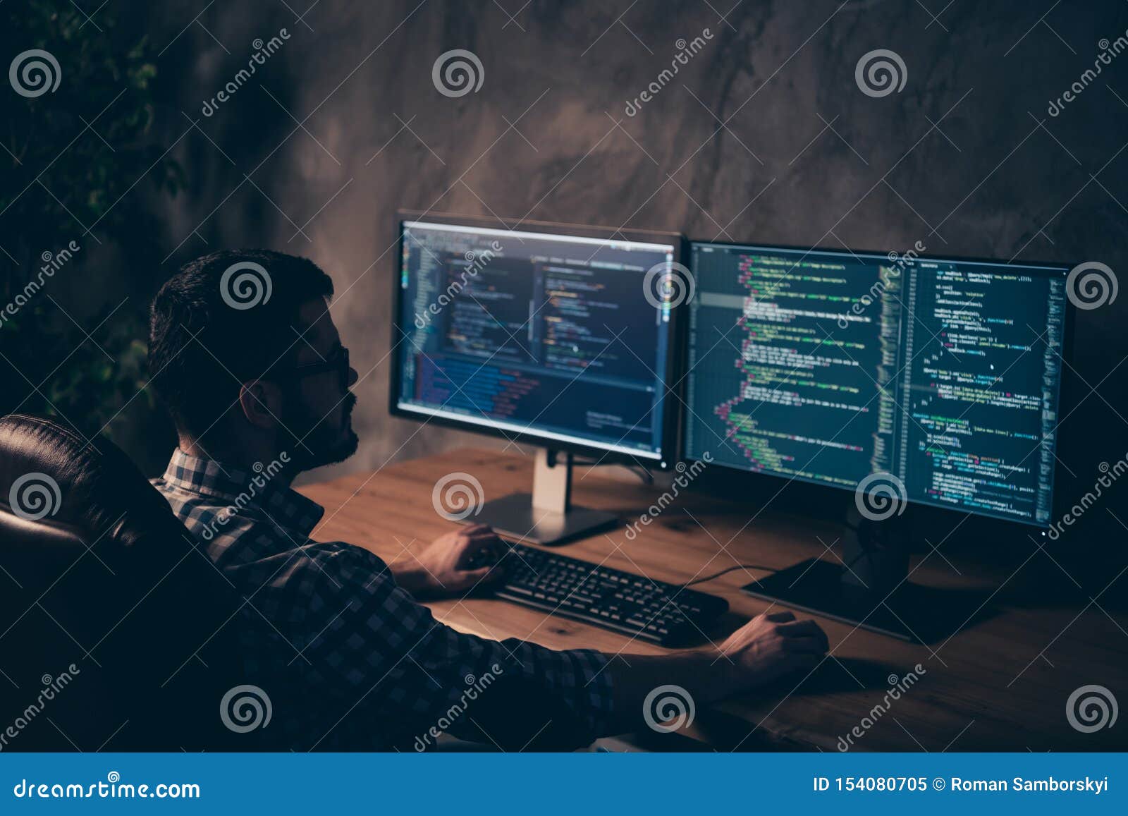 Close Up Back Rear Behind Photo Handsome he Him His Guy Coder Typing ...