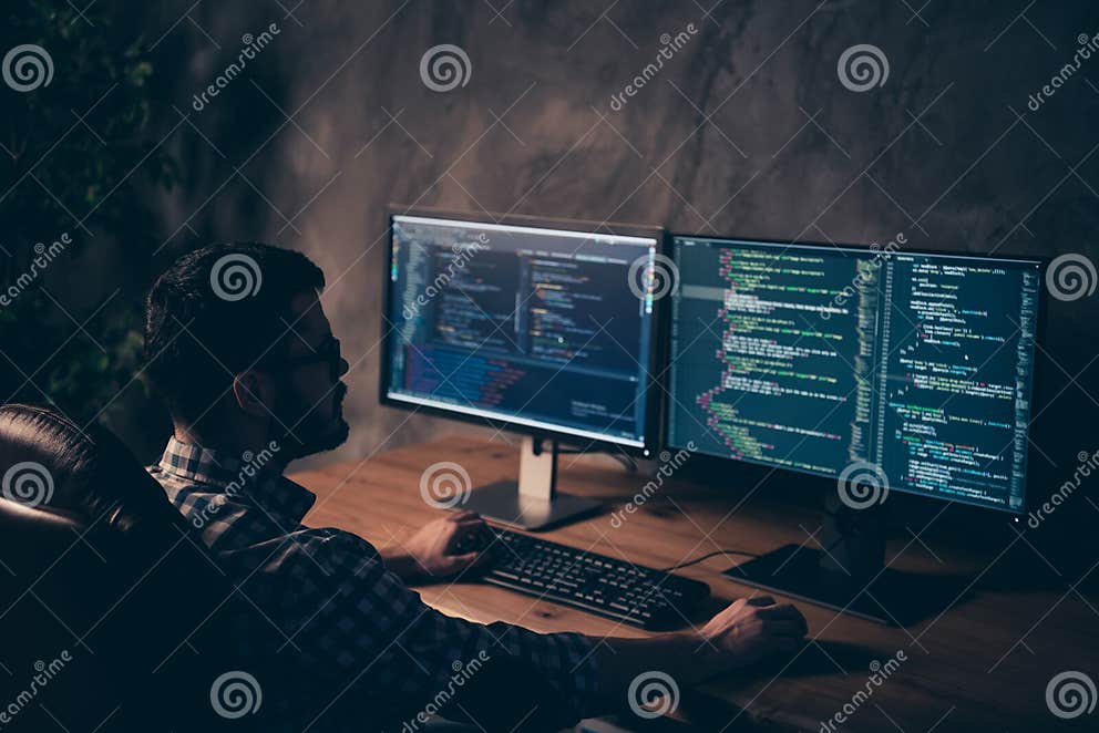 Close Up Back Rear Behind Photo Handsome he Him His Guy Coder Typing ...