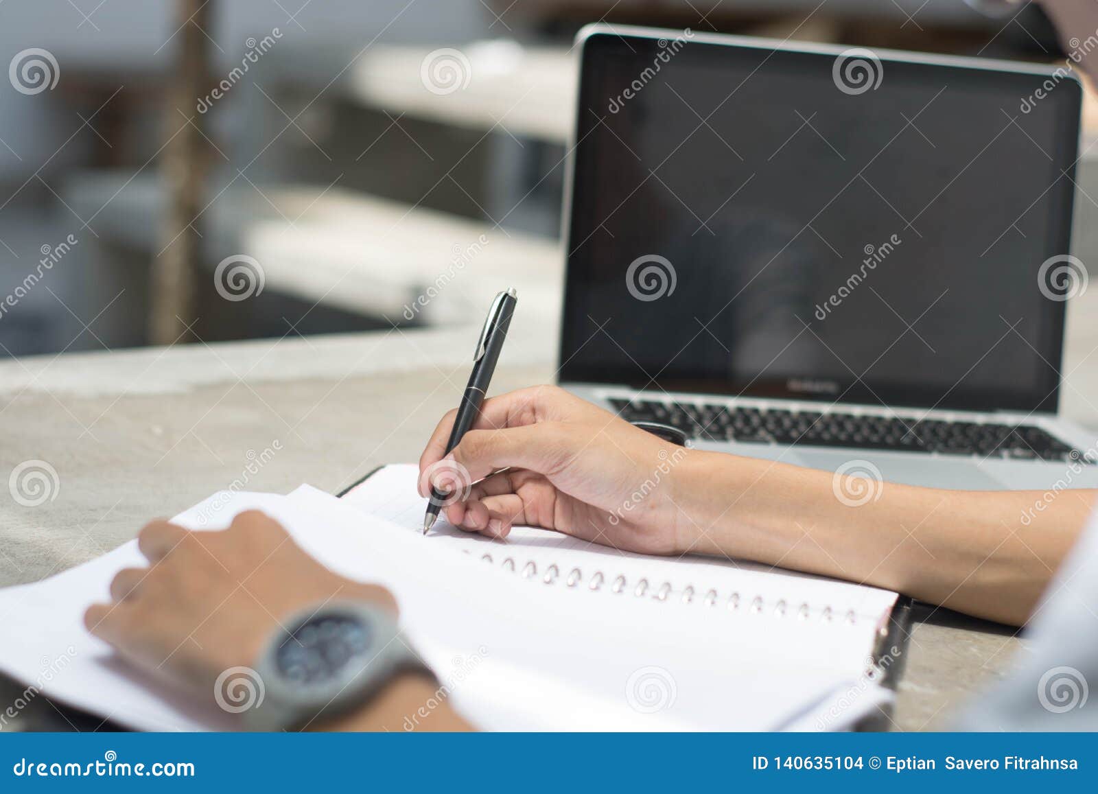 Blank Laptop Monitor Screen with Close Up Back View Man Doing Home Work ...