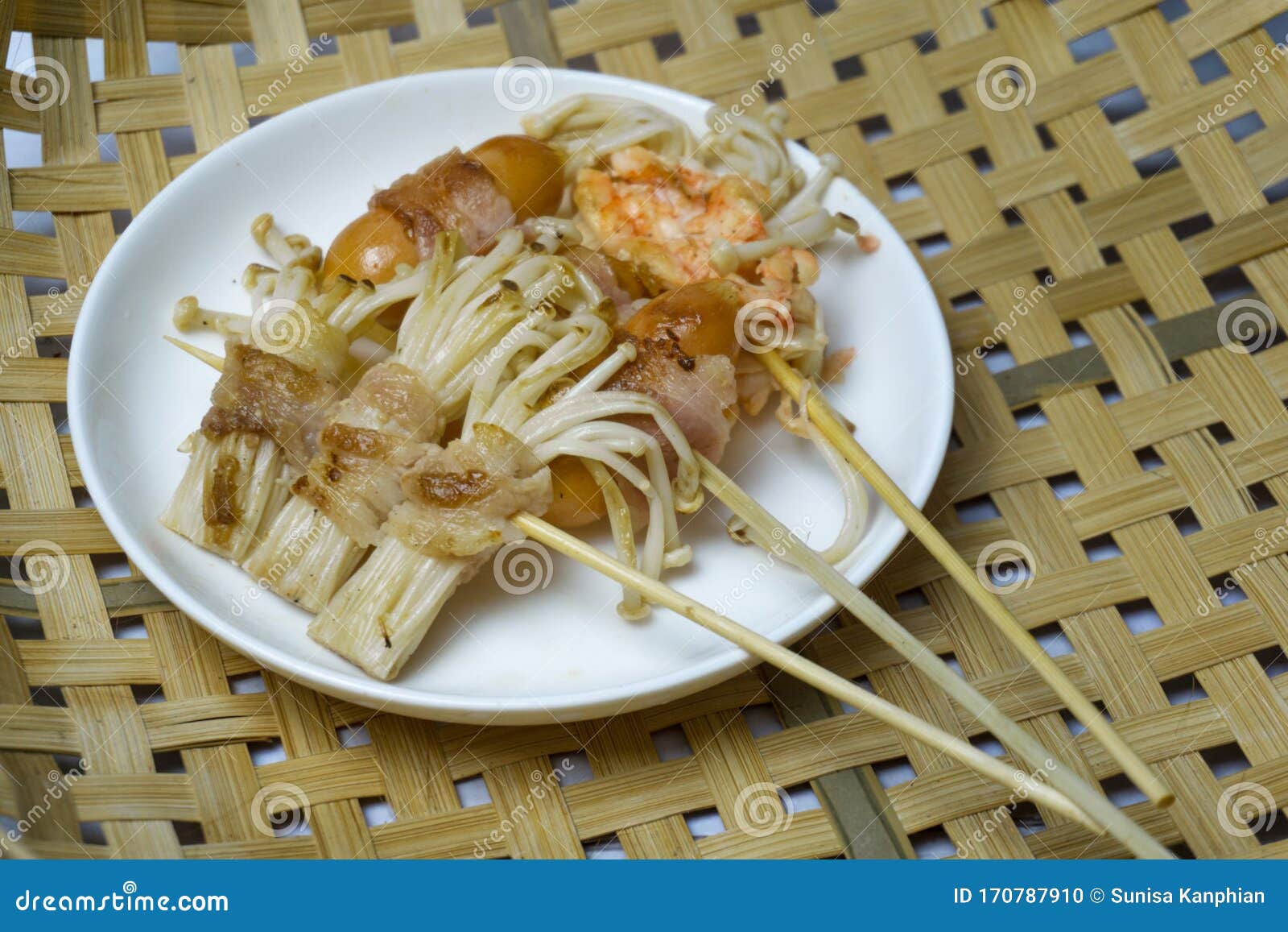 Close Up Bacon Roll Enoki Mushroom and Sausage Grilled Stock Photo ...