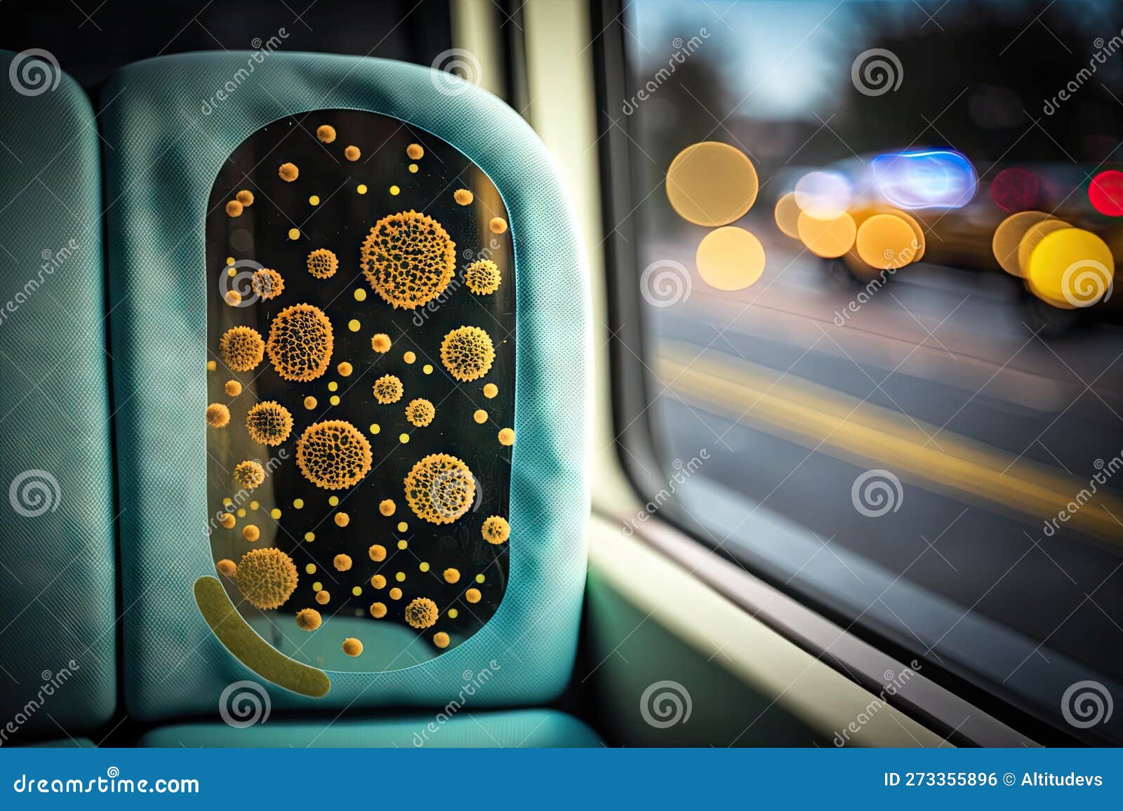 Close-up of Bacteria on Bus Seat, with the View Outside Blurred by ...