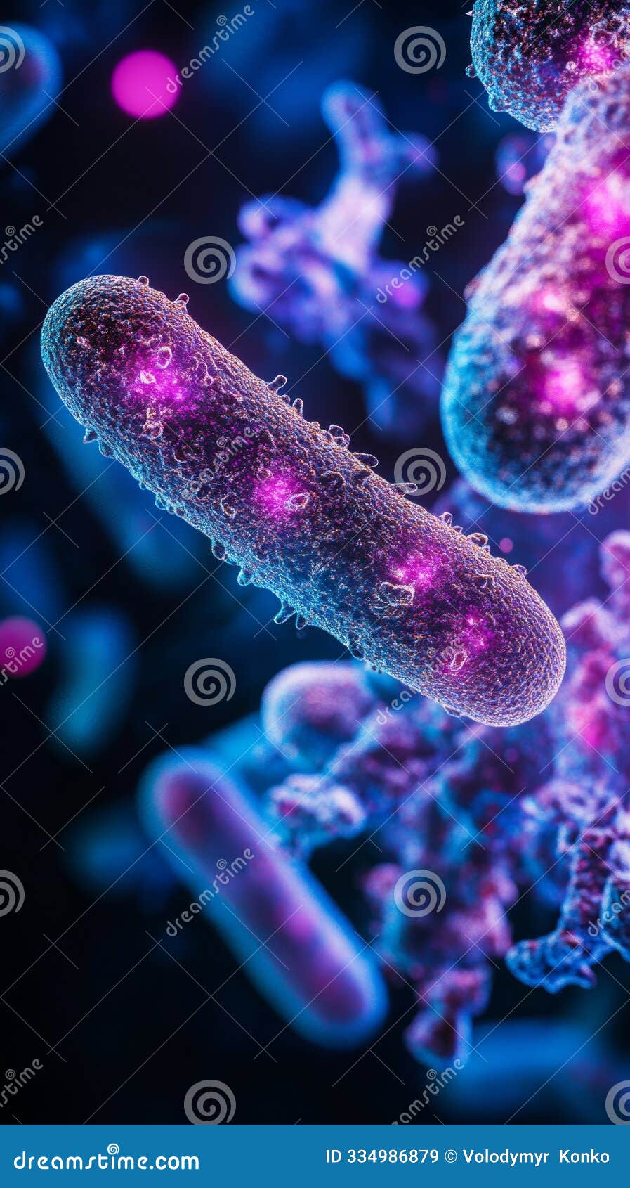 Close-up of Bacteria with Glowing Pink Elements, Microbiology Study ...