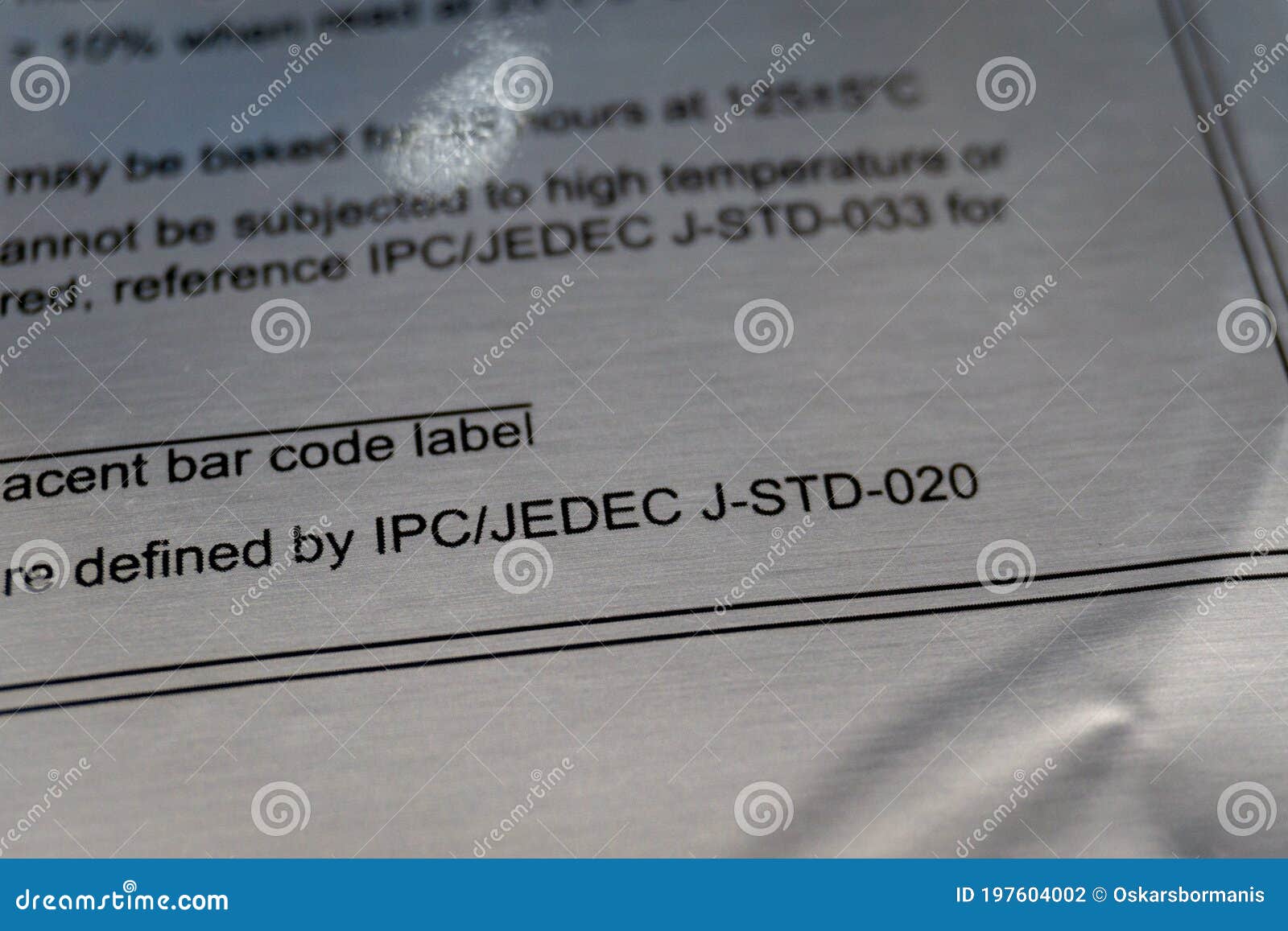 Close-up of Bag Caution Warning Label IPC JEDEC J-STD-020 Standard ...