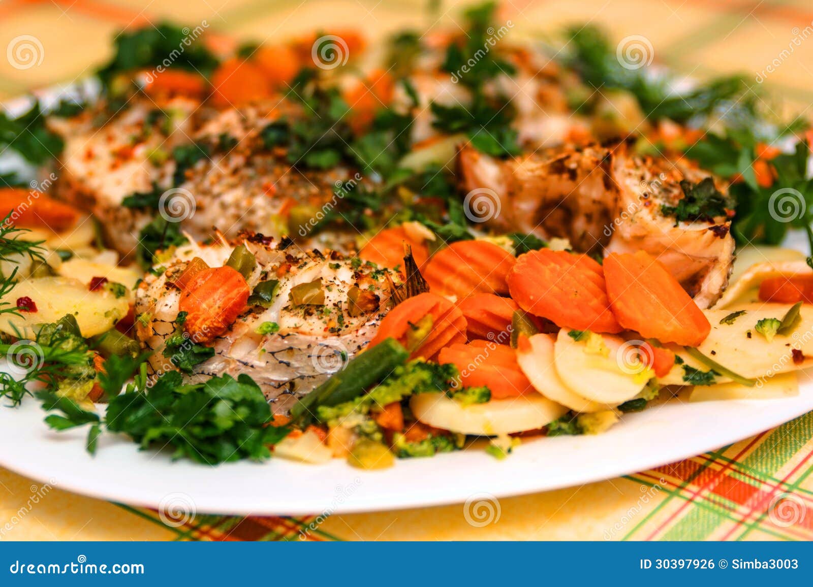 Close-up of Baked Fish Pieces with Vegetables Stock Photo - Image of ...