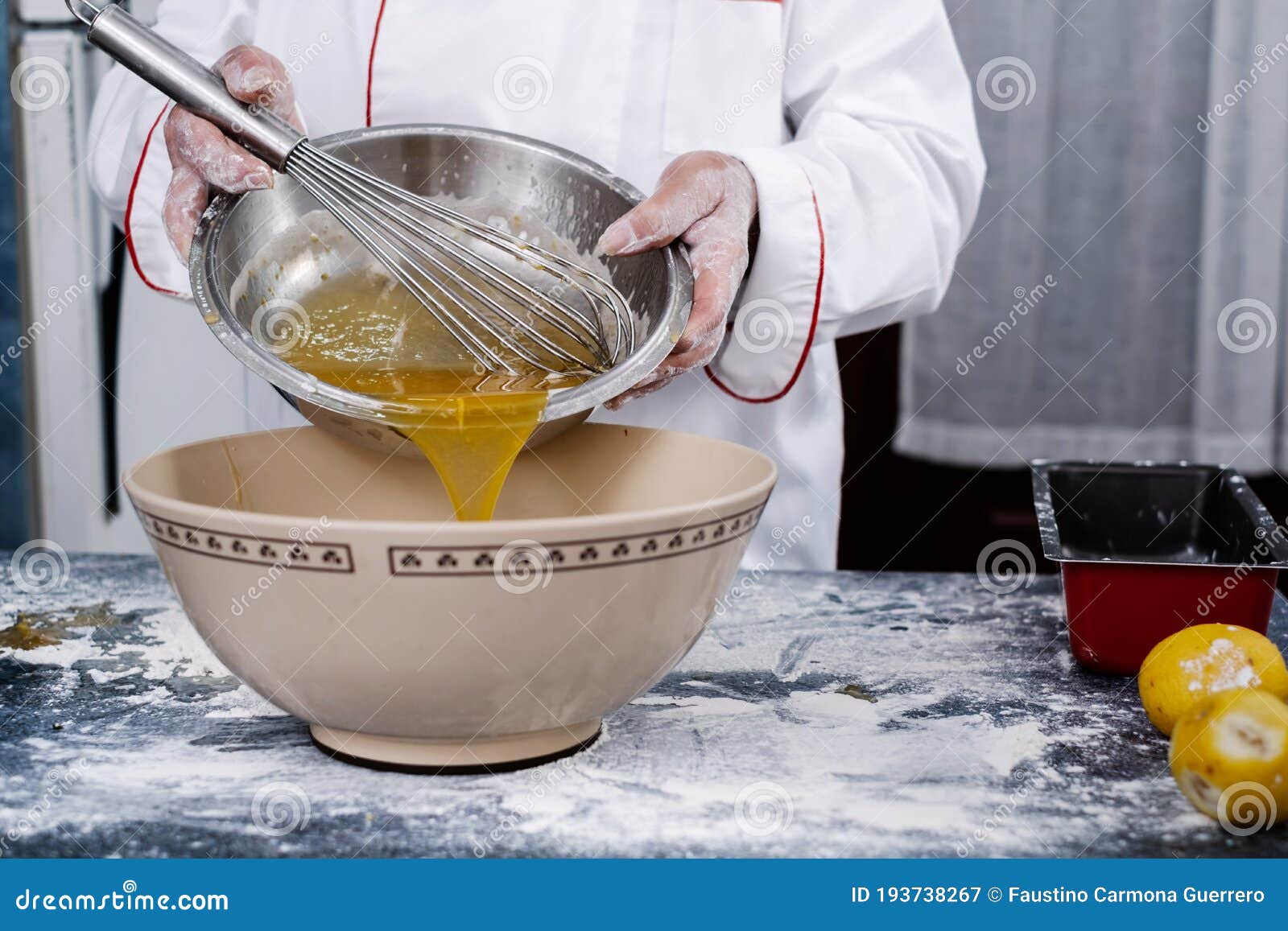 Close-up of a Baker Pouring Mixture into a Plastic Bowl Stock Image ...