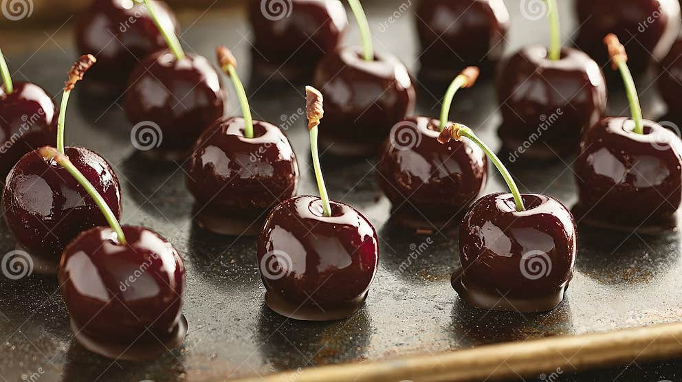 Close-up of a Baking Sheet with Rows of Chocolate-covered Cherries ...