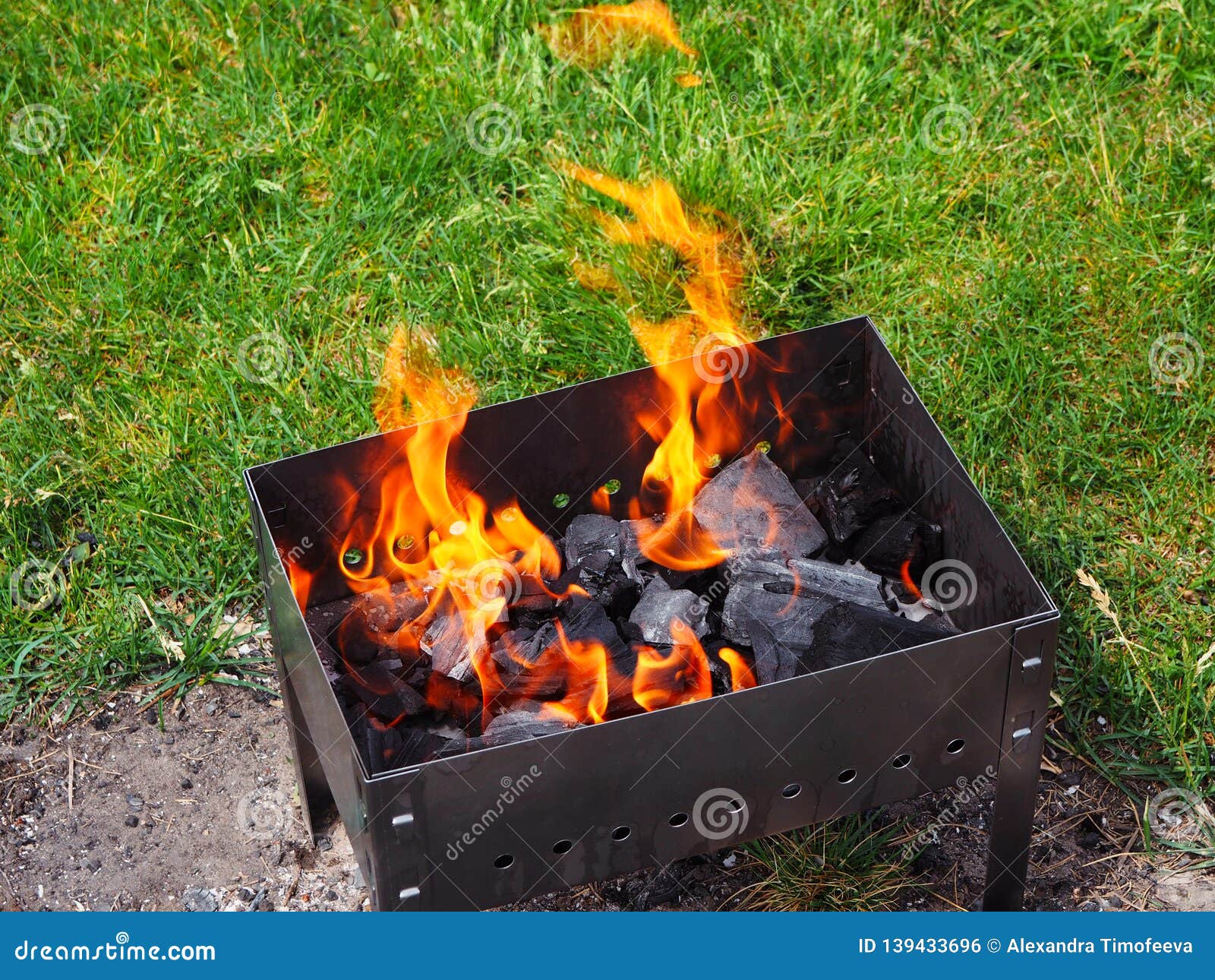 Close Up of Barbecue Grill with Fire Stock Photo - Image of backyard ...