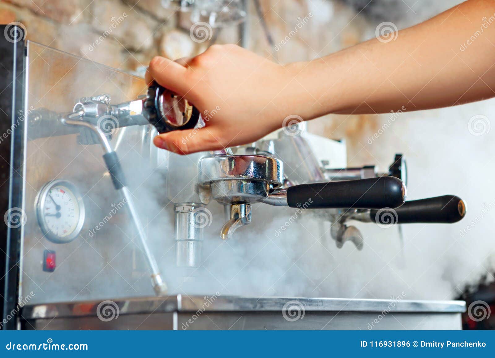 Barista Warming Up Espresso Coffee Machine. Stock Photo - Image of ...