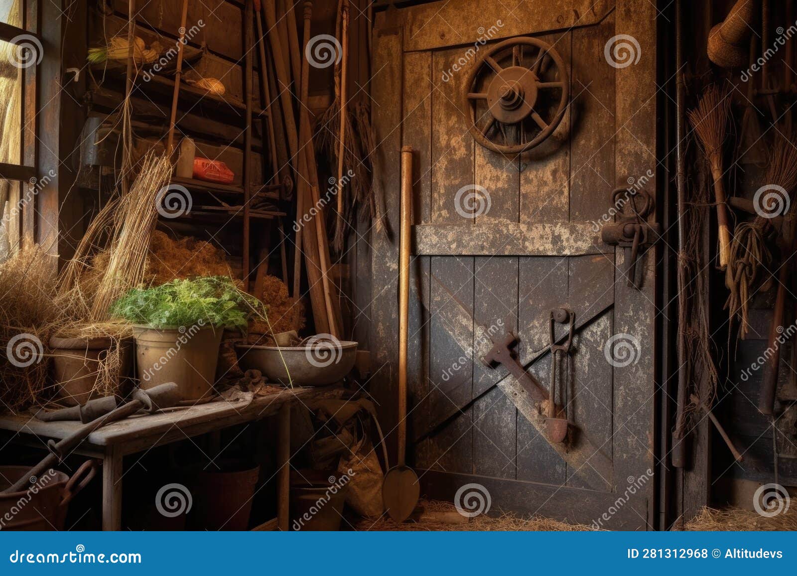 Close-up of Barn Door and Antique Farm Tools Stock Illustration ...