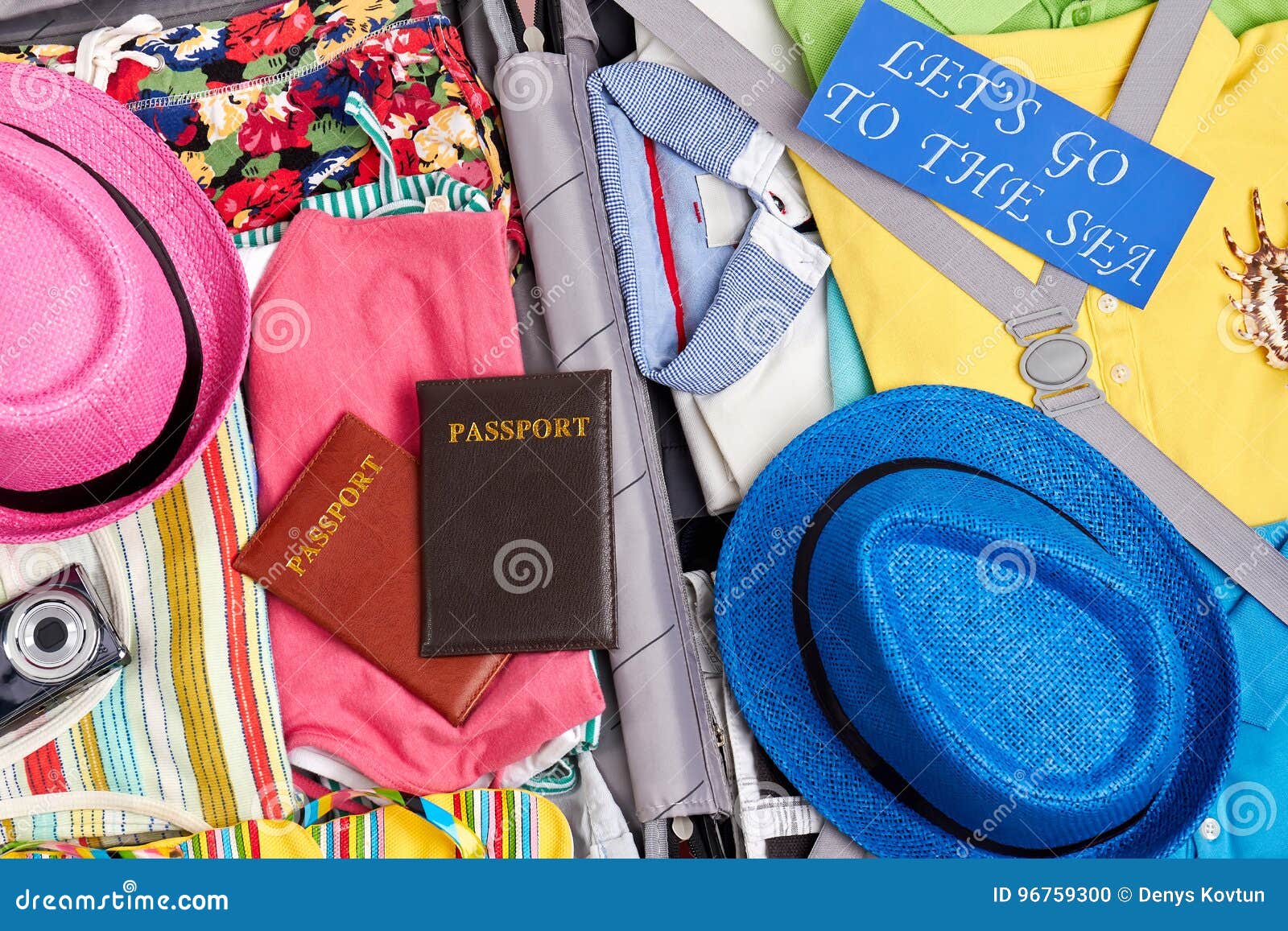 Close up of beach stuff. stock photo. Image of passport - 96759300