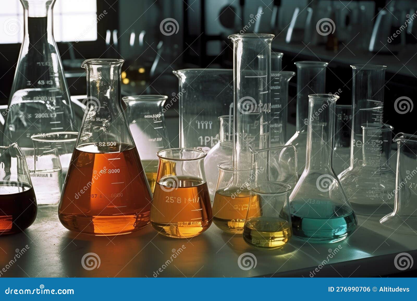 Close-up of Beakers and Flasks on a Science Lab Table Stock ...