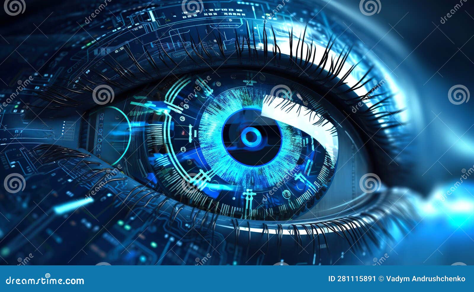 Close Up of Beautiful Robotic Blue Eye with Hud Interface and Lines of ...