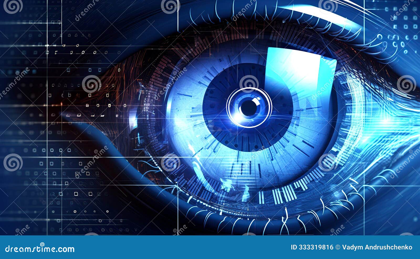 Close Up of Beautiful Robotic Blue Eye with Hud Interface and Lines of ...