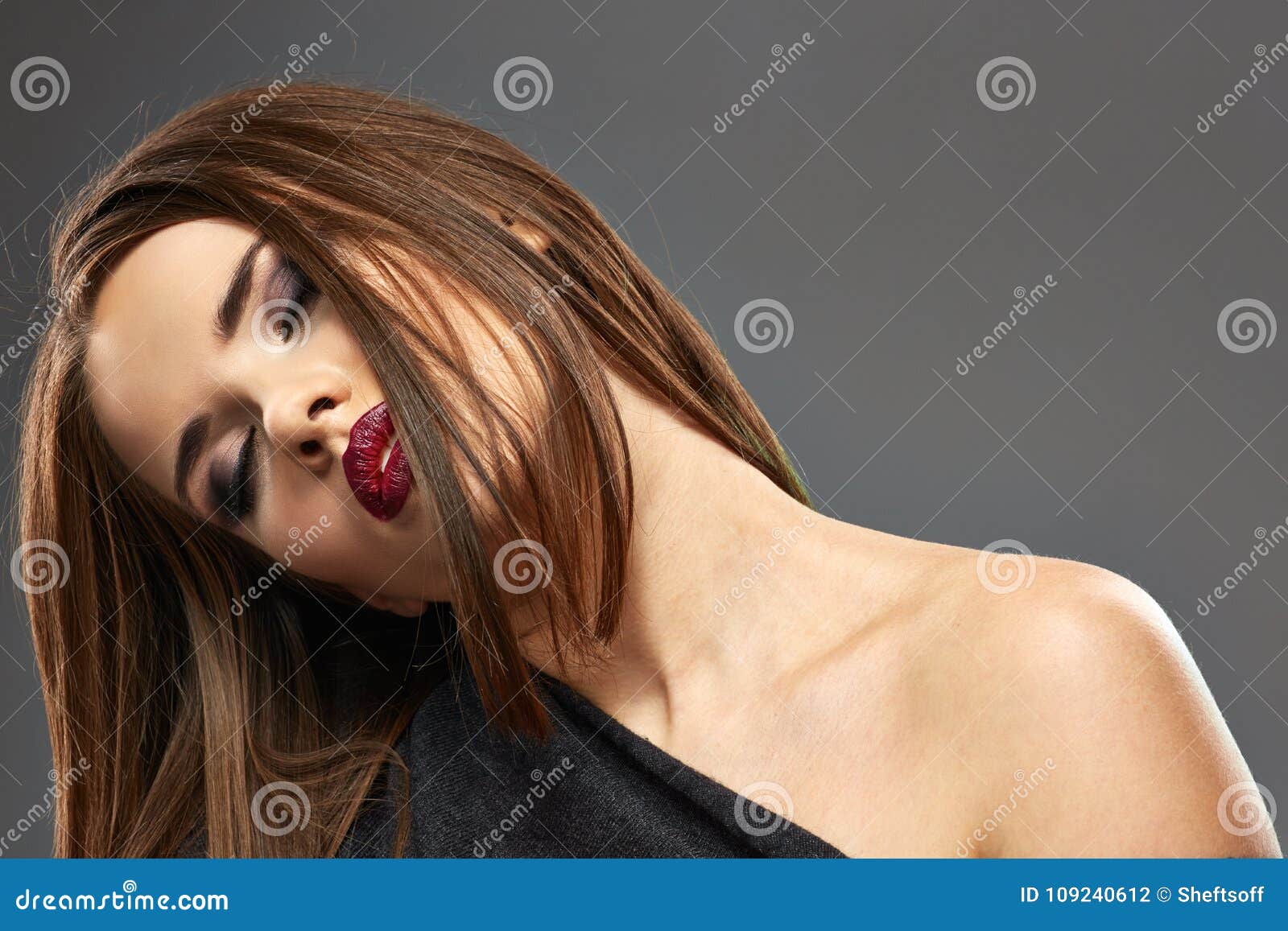 Close Up Beautiful Woman Face Portrait Sensual Model With Stra Stock