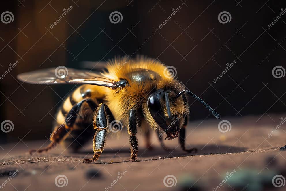 A Close Up of a Bee on the Ground with a Blurry Background Stock ...