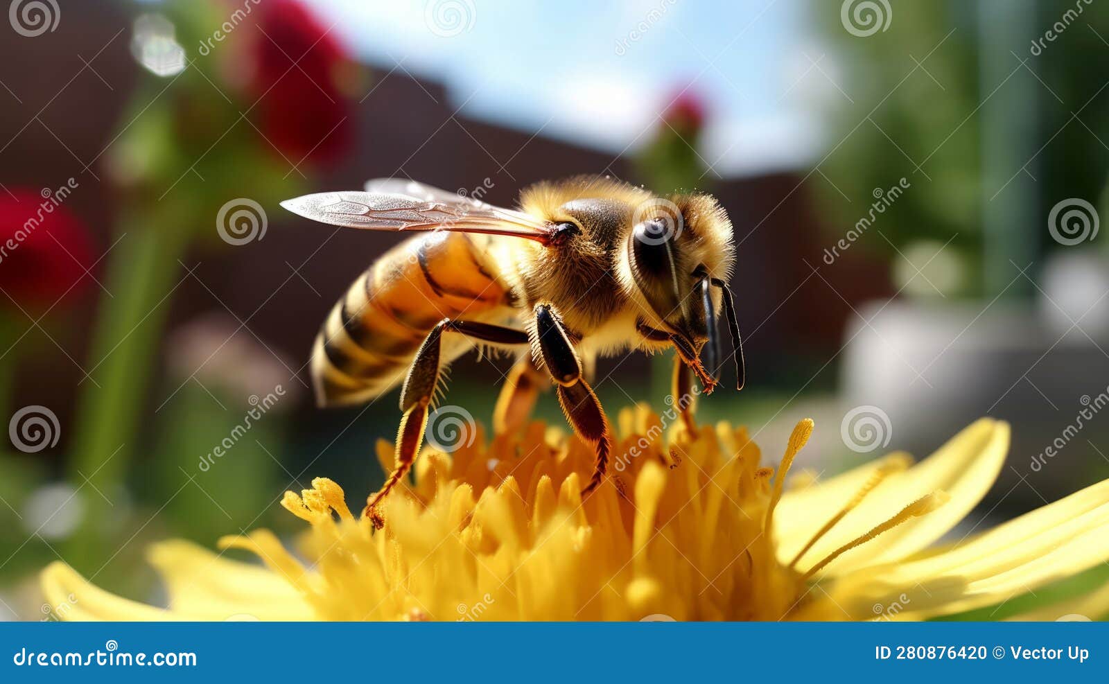 Close-up of a Bee Landing on a Flower for Pollination. Generative AI ...