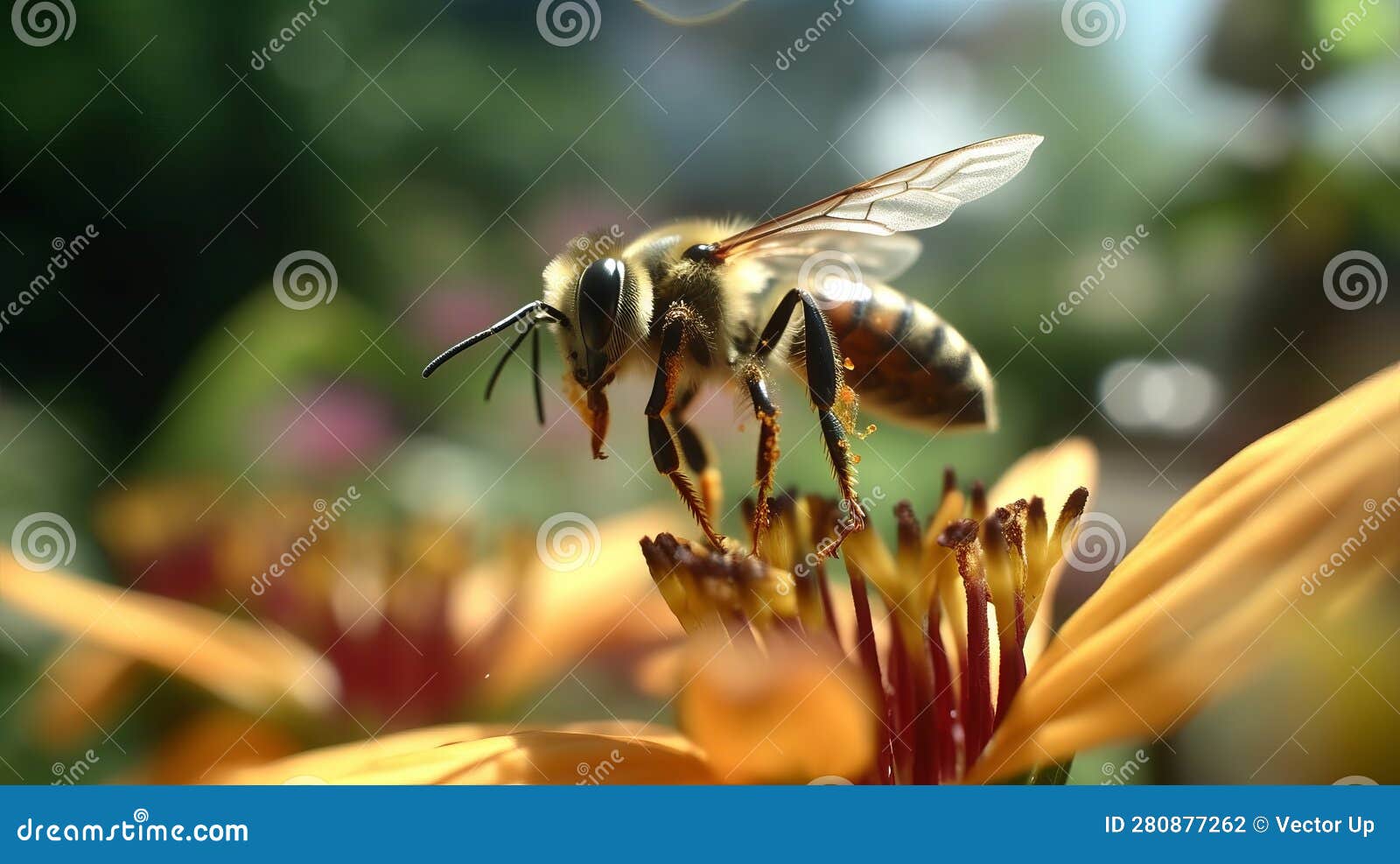Close-up of a Bee Landing on a Flower for Pollination. Generative AI ...
