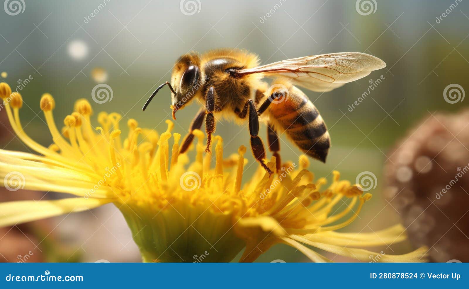 Close-up of a Bee Landing on a Flower for Pollination. Generative AI. Stock Illustration ...