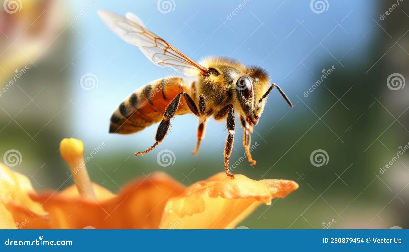 Close-up of a Bee Landing on a Flower for Pollination. Generative AI. Stock Illustration ...