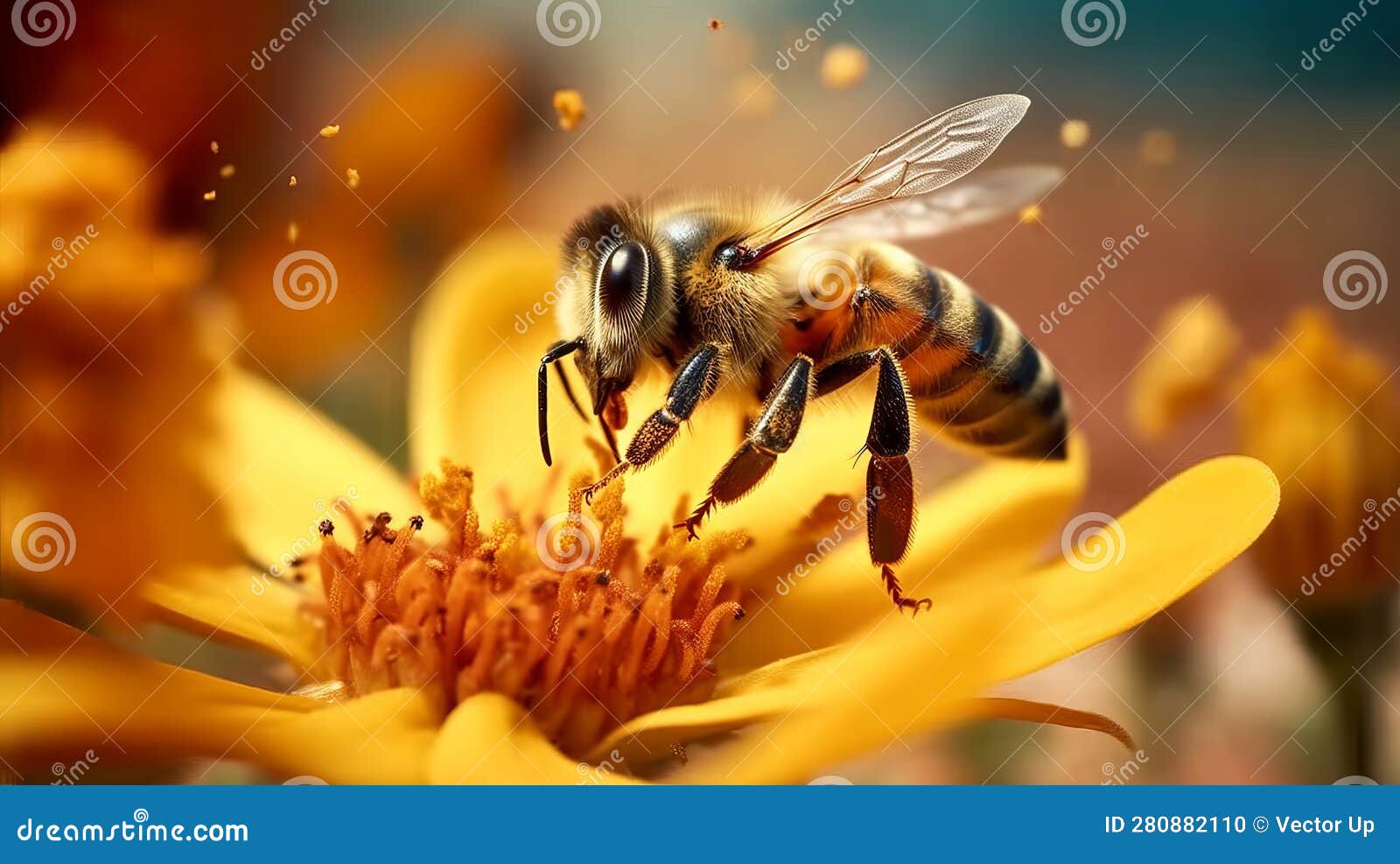 Close-up of a Bee Landing on a Flower for Pollination. Generative AI. Stock Illustration ...