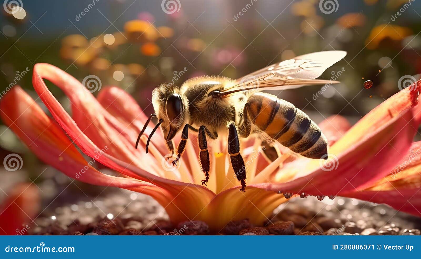 Close-up of a Bee Landing on a Flower for Pollination. Generative AI ...