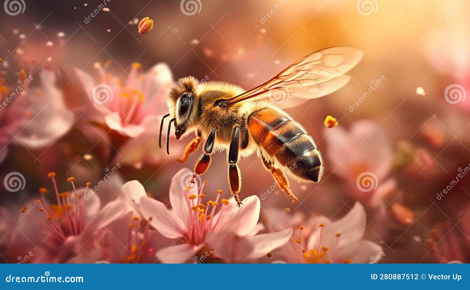 Close-up of a Bee Landing on a Flower for Pollination. Generative AI ...